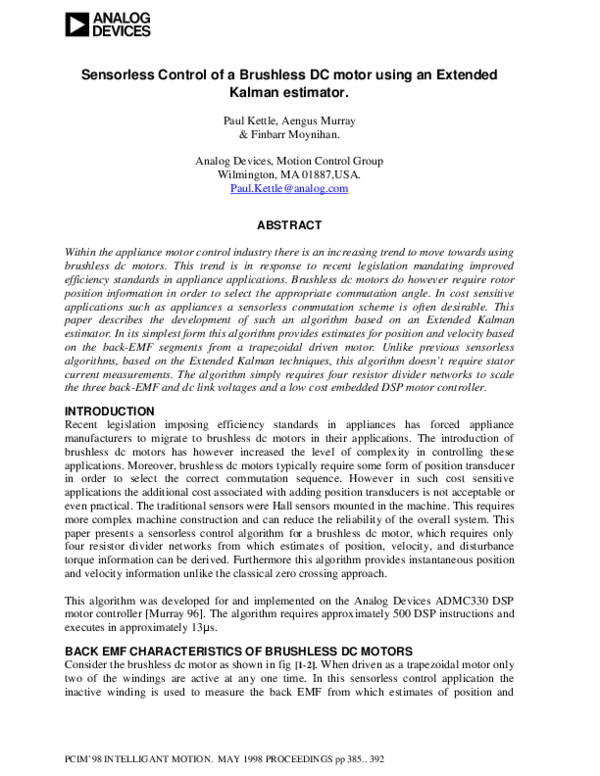 (PDF) Sensorless Control of a Brushless DC motor using an Extended Kalman estimator