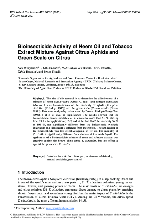 (PDF) Bioinsecticide Activity of Neem Oil and Tobacco Extract Mixture ...