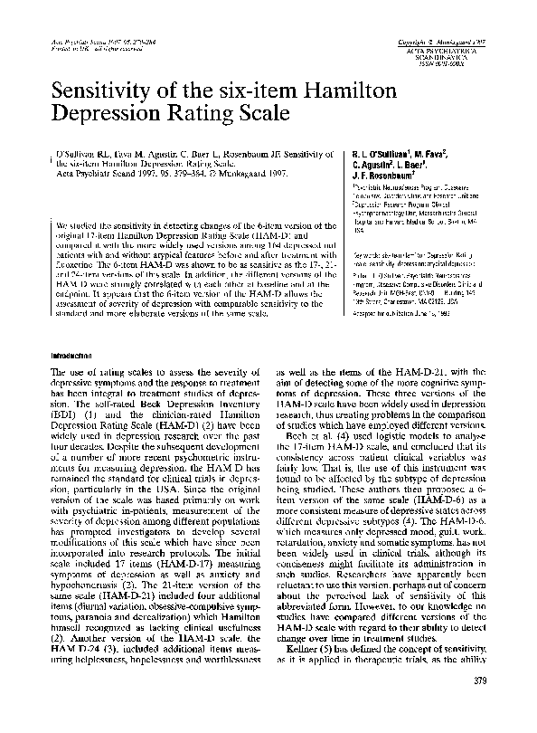 (PDF) Sensitivity of the six-item Hamilton Depression Rating Scale