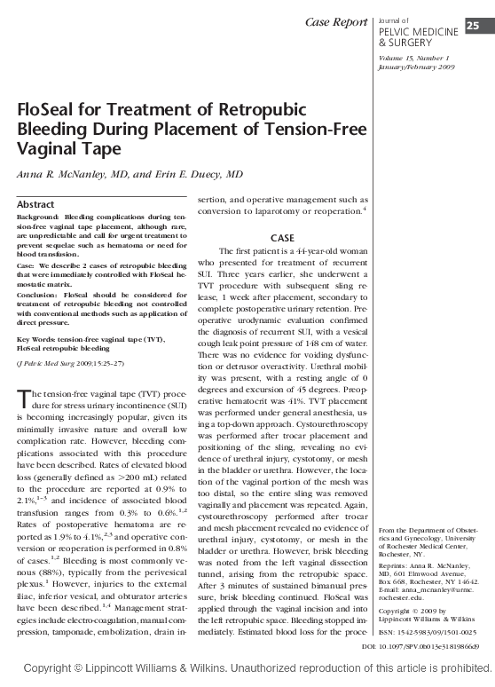 (PDF) FloSeal for Treatment of Retropubic Bleeding During Placement of ...