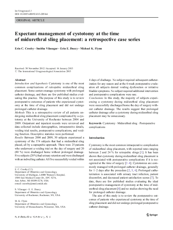 (PDF) Expectant management of cystotomy at the time of midurethral ...