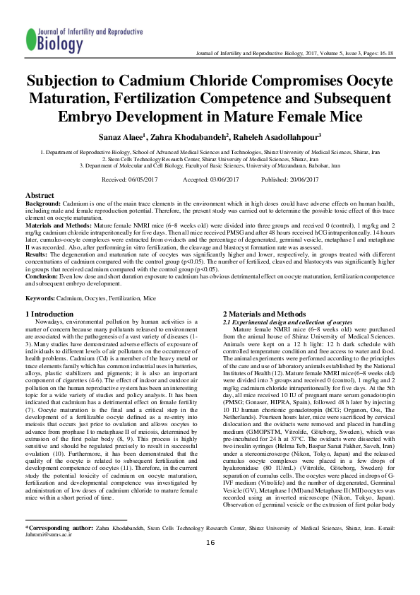 (PDF) Subjection to Cadmium Chloride Compromises Oocyte Maturation ...