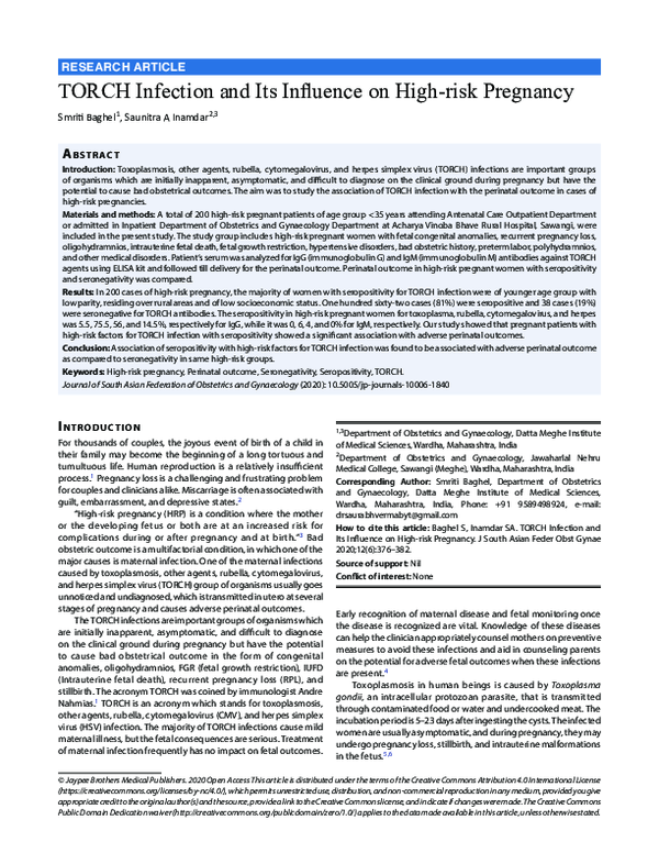 (PDF) TORCH Infection and Its Influence on High-risk Pregnancy