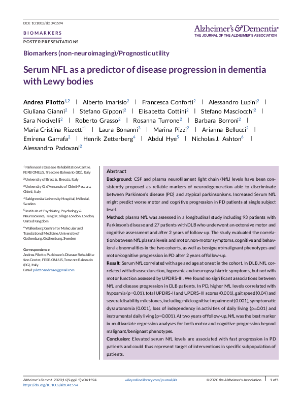 (PDF) Serum NFL as a predictor of disease progression in dementia with ...