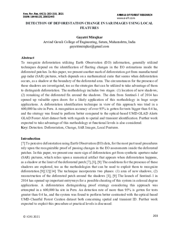 (PDF) DETECTION OF DEFORESTATION CHANGE IN SAR IMAGES USING LOCAL FEATURES