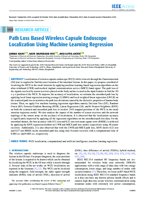 (PDF) Path Loss Based Wireless Capsule Endoscope Localization Using Machine Learning Regression