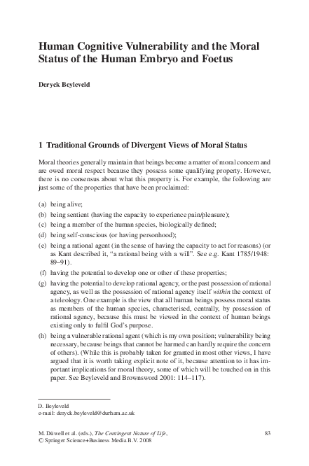 (PDF) Human Cognitive Vulnerability and the Moral Status of the Human Embryo and Foetus | Deryck ...