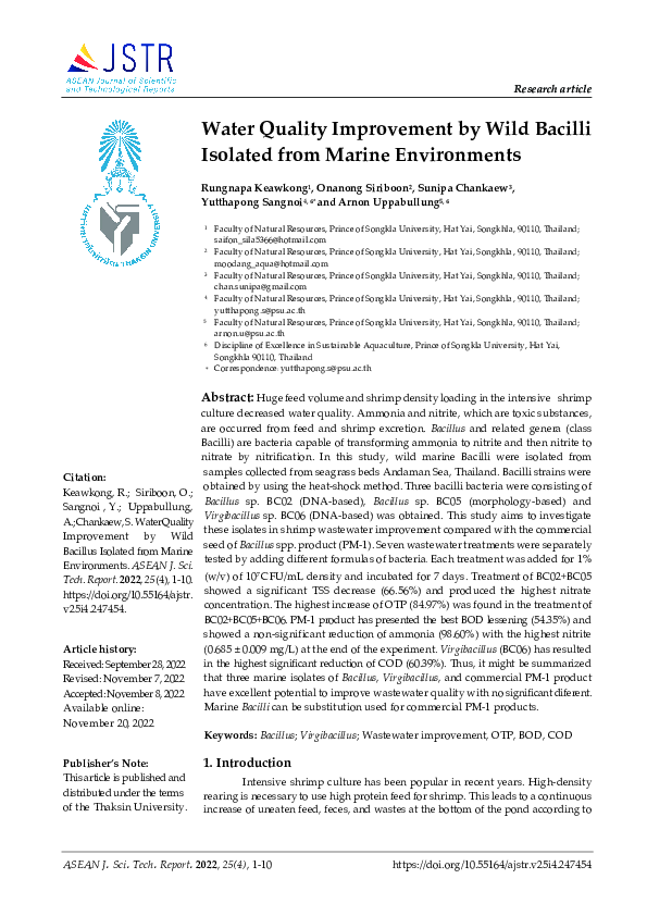 (PDF) Water Quality Improvement by Wild Bacilli Isolated from Marine ...
