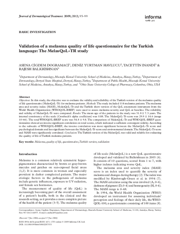 (PDF) Validation of a melasma quality of life questionnaire for the ...