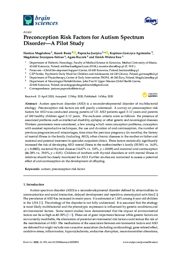 (PDF) Preconception Risk Factors for Autism Spectrum Disorder—A Pilot Study
