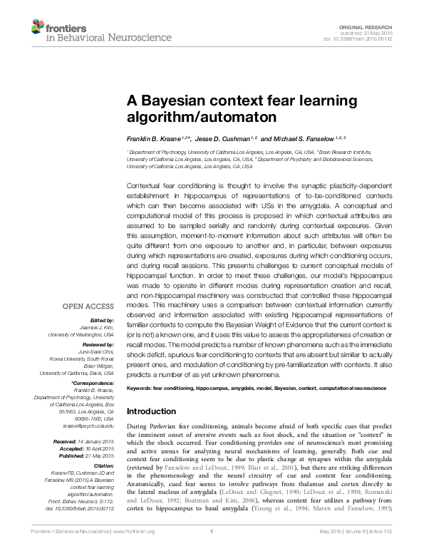 (PDF) A Bayesian context fear learning algorithm/automaton