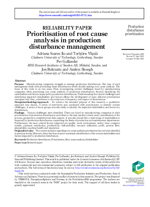 (PDF) Prioritisation of root cause analysis in production disturbance management