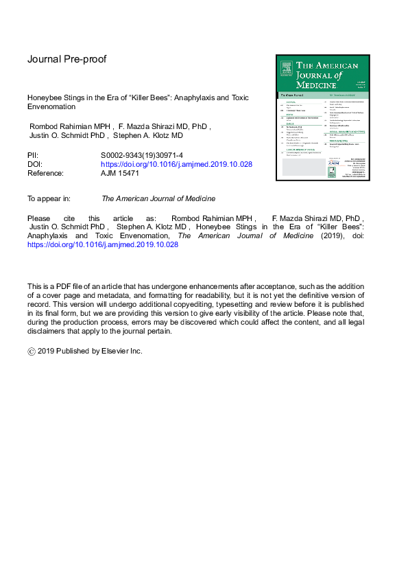 (PDF) Honeybee Stings in the Era of Killer Bees: Anaphylaxis and Toxic ...