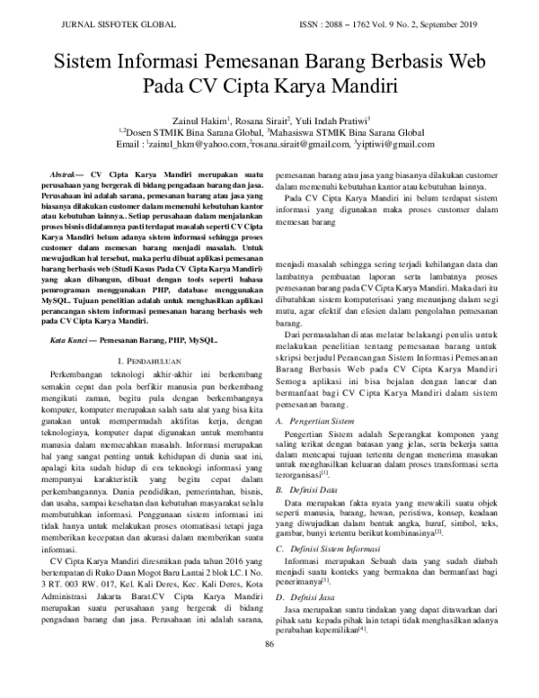(PDF) Sistem Informasi Pemesanan Barang Berbasis Web Pada CV Cipta Karya Mandiri