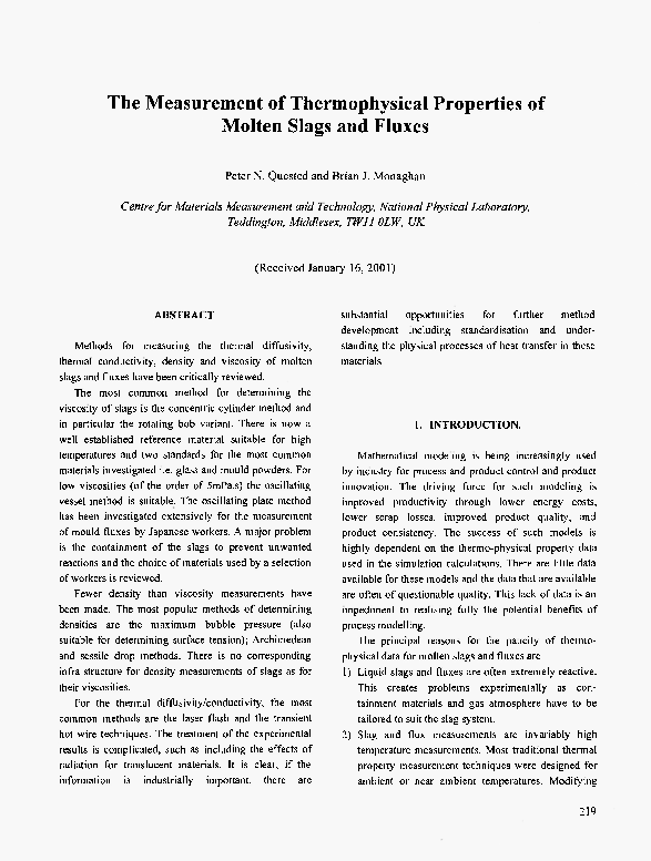 (PDF) The Measurement of Thermophysical Properties of Molten Slags and Fluxes