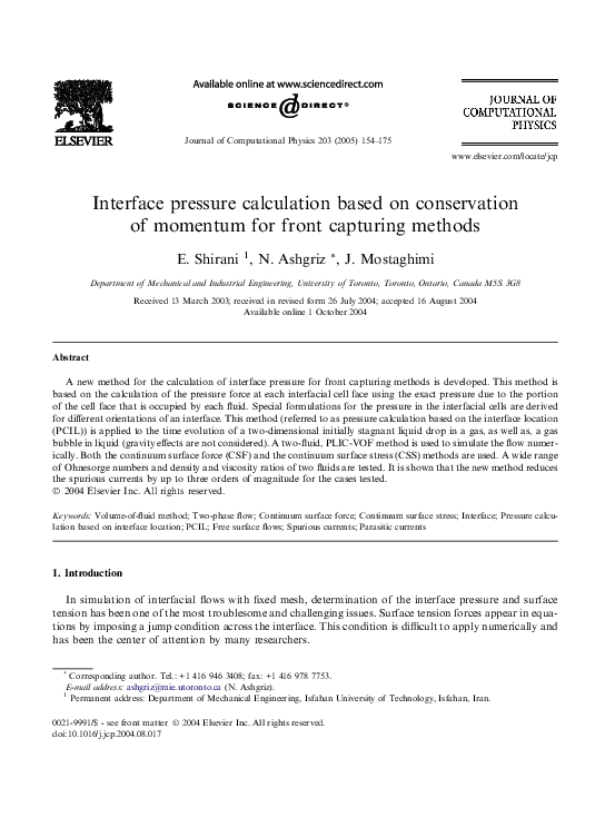 (PDF) Interface pressure calculation based on conservation of momentum for front capturing methods