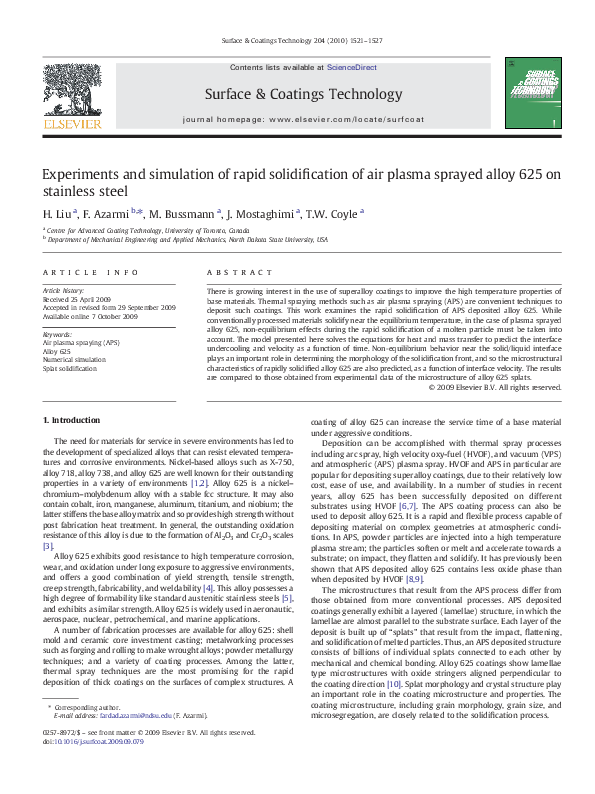(PDF) Experiments and simulation of rapid solidification of air plasma sprayed alloy 625 on ...