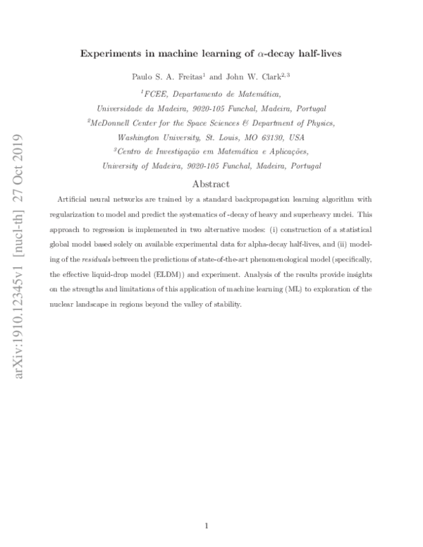 (PDF) Experiments in machine learning of alpha-decay half-lives | Paulo S . A . Freitas ...