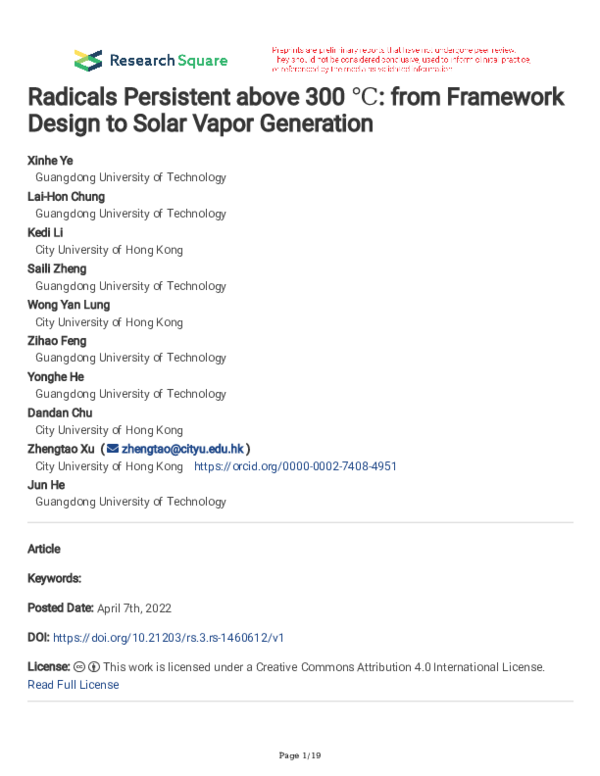 (PDF) Radicals Persistent above 300 ℃: from Framework Design to Solar ...