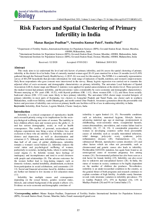 Pdf Risk Factors And Spatial Clustering Of Primary Infertility In India