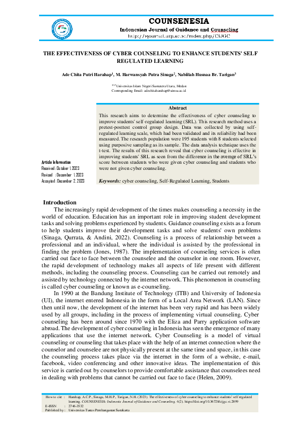 (PDF) The Effectiveness of Cyber Counseling to Enhance Students' Self Regulated Learning
