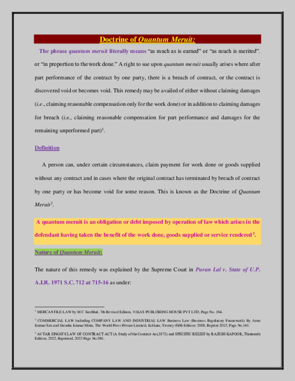 (PDF) Paper on Doctrine of Quantum Meruit in the light of case laws.