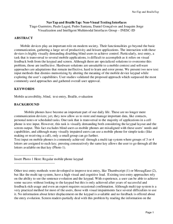 (PDF) Navtap and brailletap: Non-visual texting interfaces