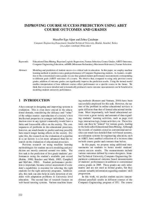 (PDF) Improving Course Success Prediction Using Abet Course Outcomes ...