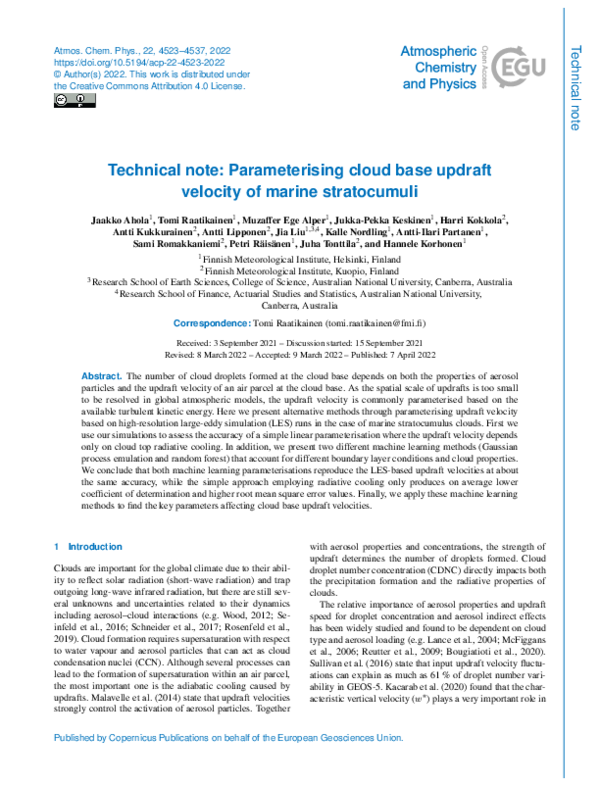 (PDF) Technical note: Parameterising cloud base updraft velocity of marine stratocumuli