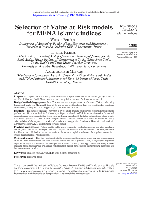 (PDF) Selection of Value-at-Risk models for MENA Islamic indices