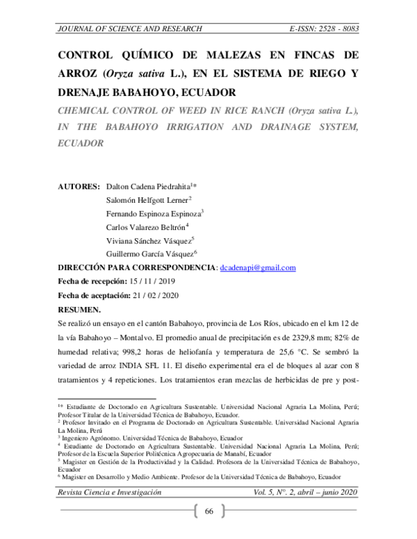 (PDF) CONTROL QUÍMICO DE MALEZAS EN FINCAS DE ARROZ (Oryza sativa L ...