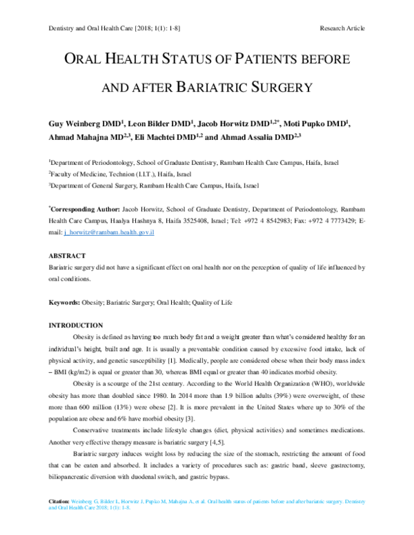 (PDF) ORAL HEALTH STATUS OF PATIENTS BEFORE AND AFTER BARIATRIC SURGERY