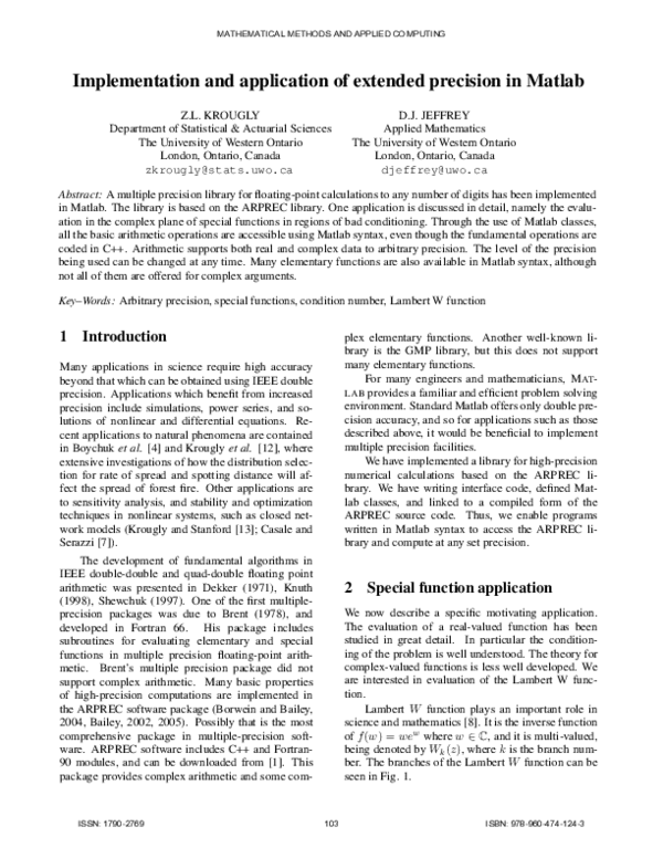 (PDF) Implementation and application of extended precision in Matlab