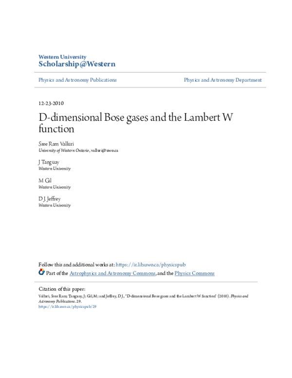 (PDF) D-dimensional Bose gases and the Lambert W function