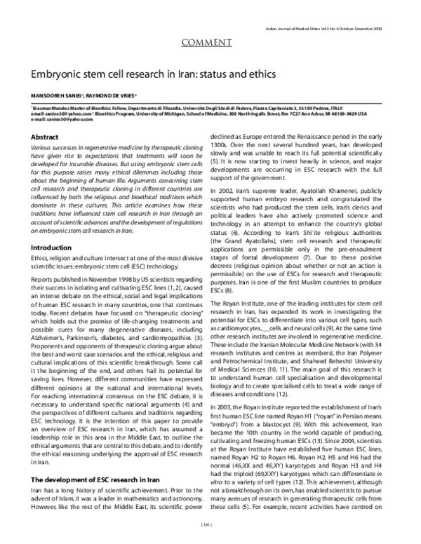 (PDF) Embryonic stem cell research in Iran: status and ethics
