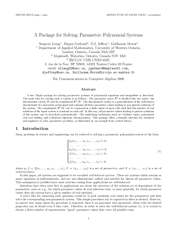 (PDF) A package for solving parametric polynomial systems
