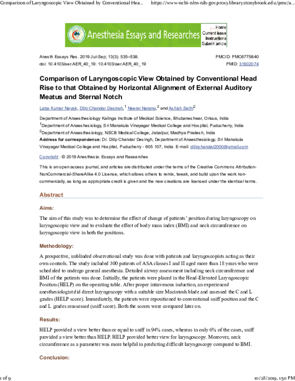 (PDF) Comparison of laryngoscopic view obtained by conventional head ...