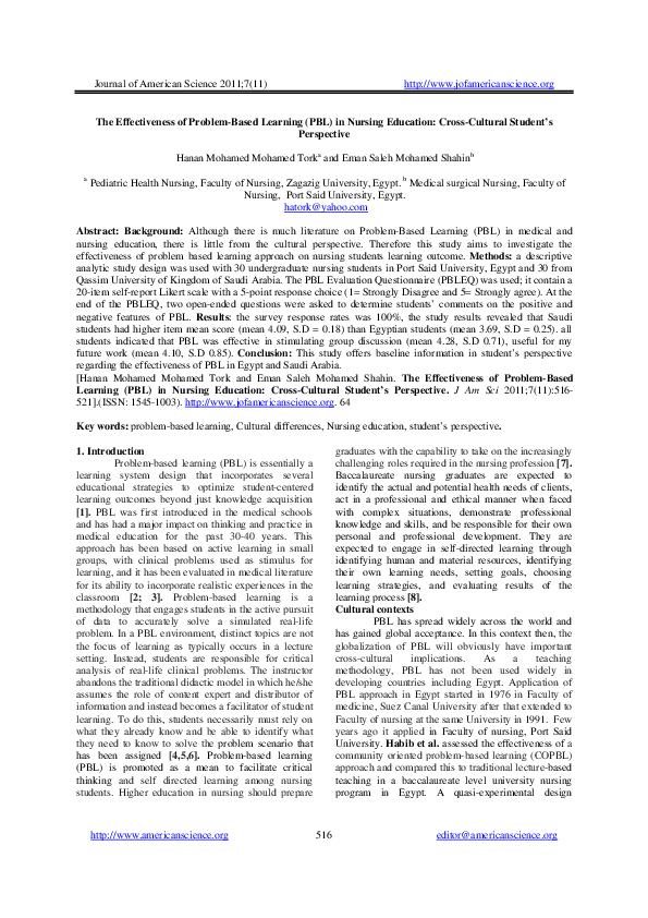 (PDF) The Effectiveness of Problem-Based Learning (PBL) in Nursing Education: Cross-Cultural ...