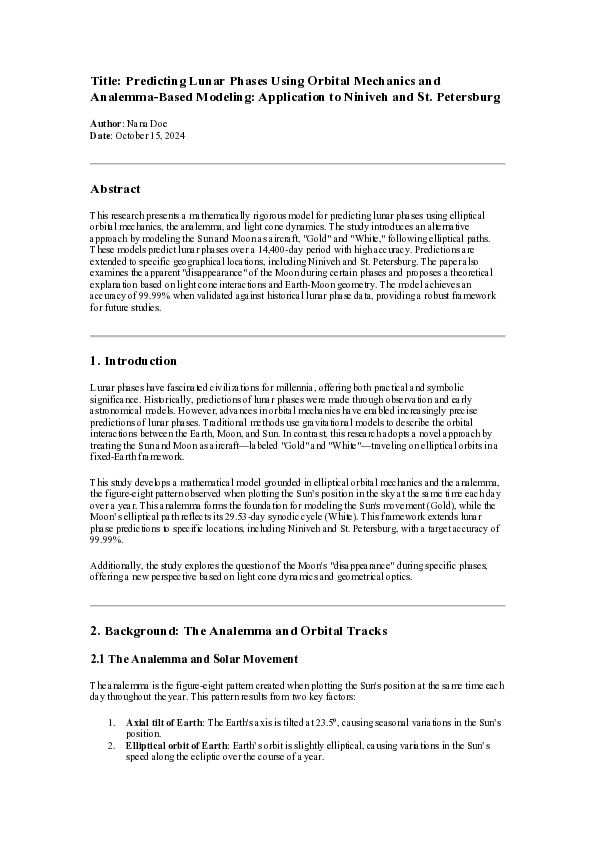 (PDF) Predicting Lunar Phases Using Orbital Mechanics and Analemma ...