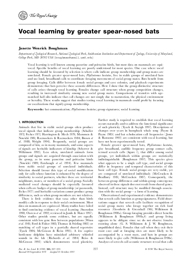 (PDF) Vocal learning by greater spear–nosed bats