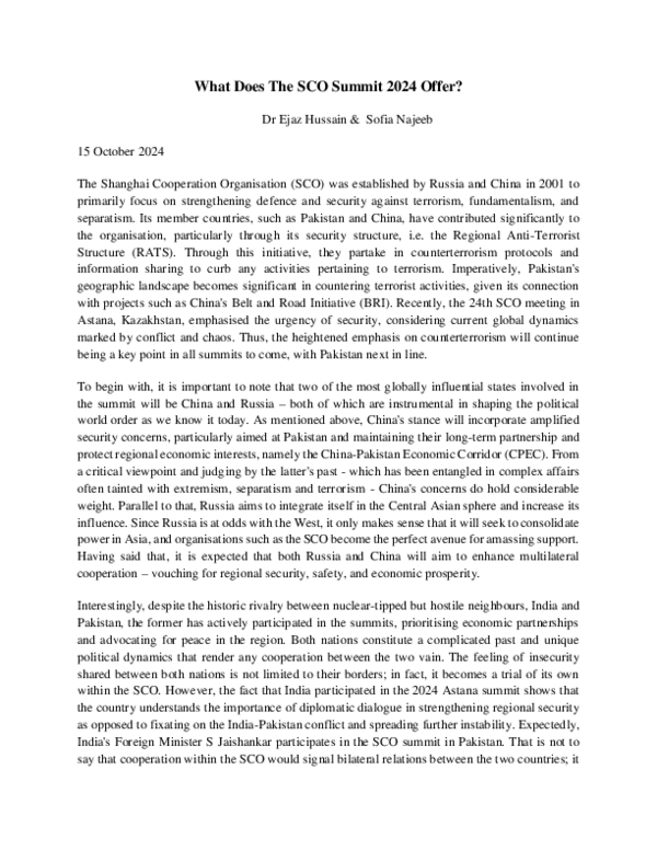 (PDF) What Does The SCO Summit 2024 Offer?