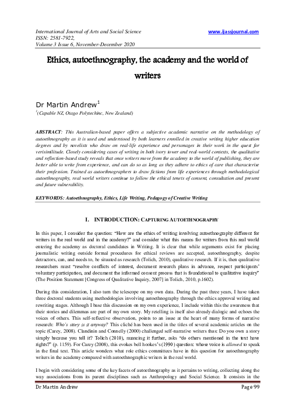 (PDF) Ethics, Autoethnography, the Academy and the World of Writers
