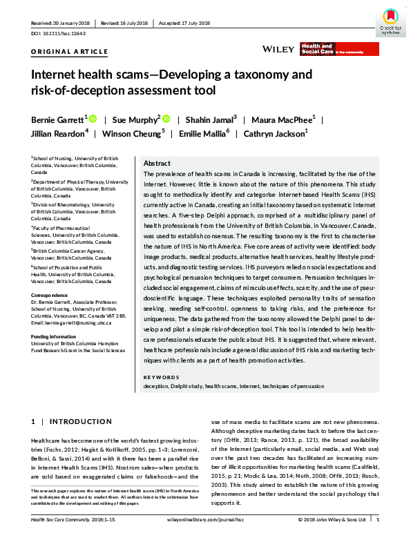 (PDF) Internet health scams—Developing a taxonomy and risk‐of‐deception ...