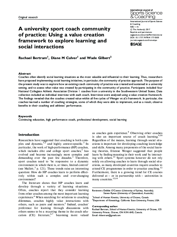 (PDF) A university sport coach community of practice: Using a value ...