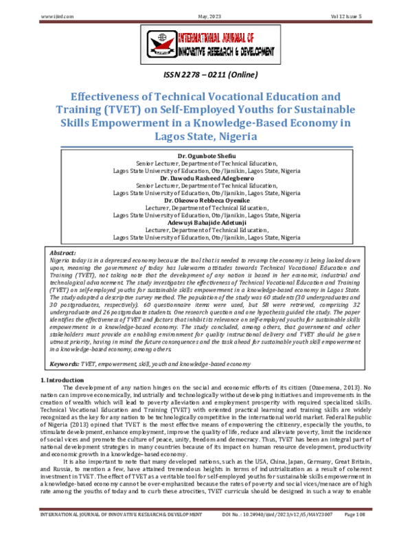 (PDF) Effectiveness of Technical Vocational Education and Training (TVET) on Self-Employed ...