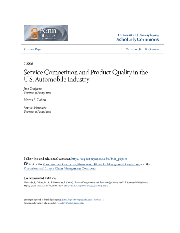 (PDF) Service Competition and Product Quality in the U.S. Automobile ...