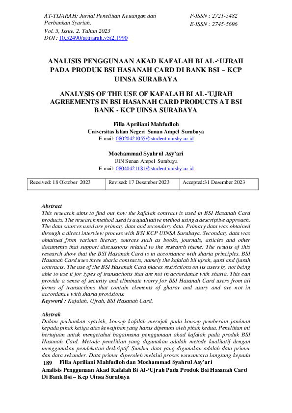 (PDF) Analysis of the Use of Akad Kafalah Bi 'Ujrah on Bsi Hasanah Card ...