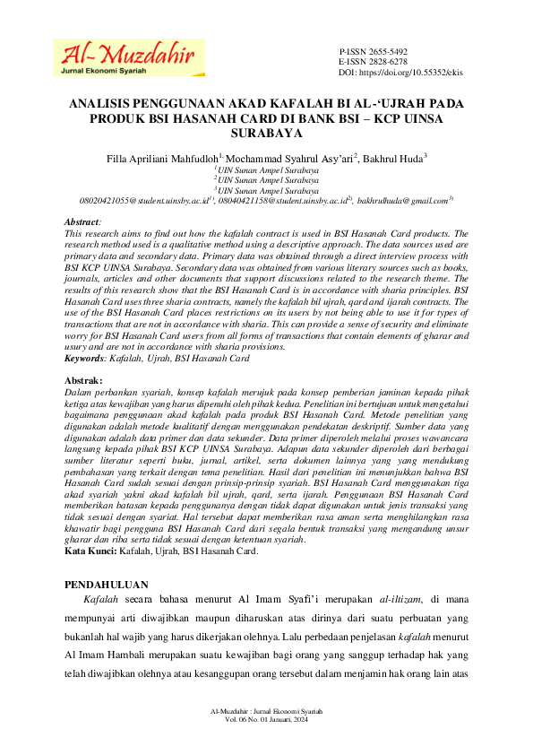 (PDF) Analisis Penggunaan Akad Kafalah bi Al Ujrah pada Produk BSI ...