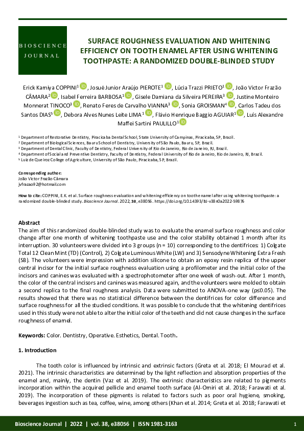 Pdf Surface Roughness Evaluation And Whitening Efficiency On Tooth Enamel After Using