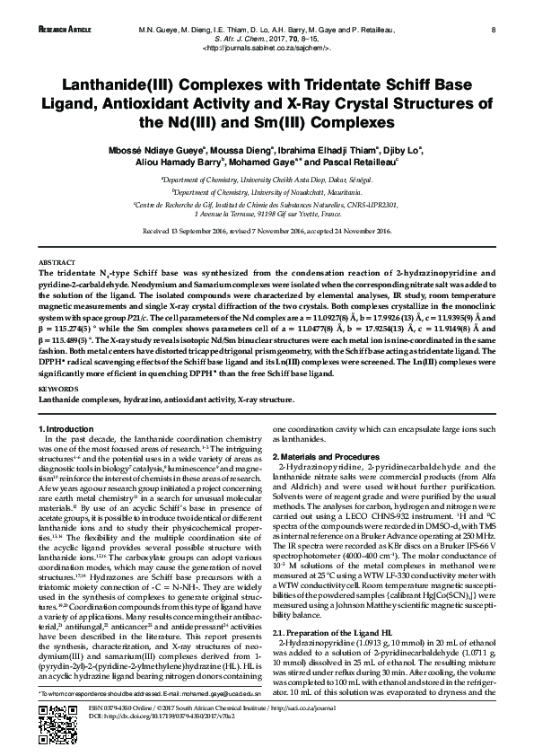 (PDF) Lanthanide(III) complexes with tridentate Schiff base ligand, antioxidant activity and X ...